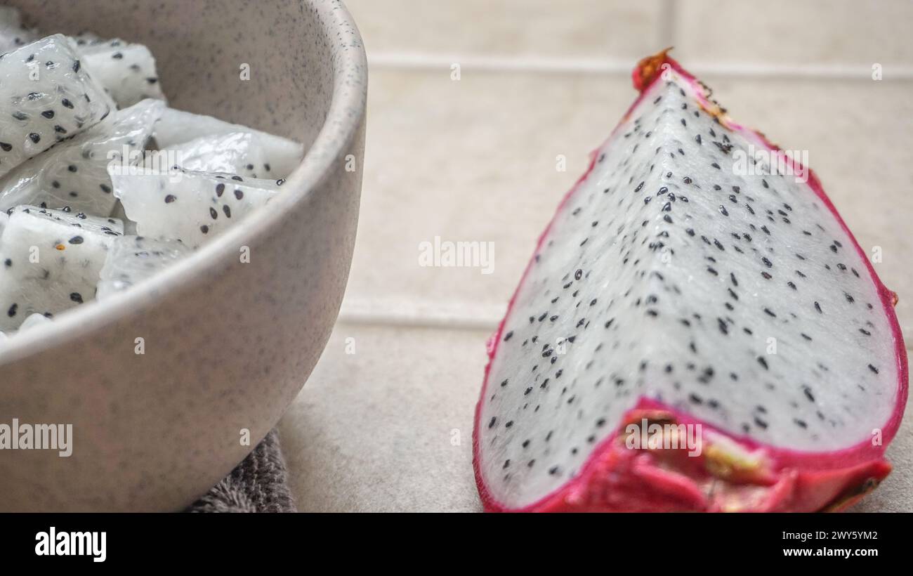 close up a local fruit as know buah naga or dragon fruits Stock Photo ...