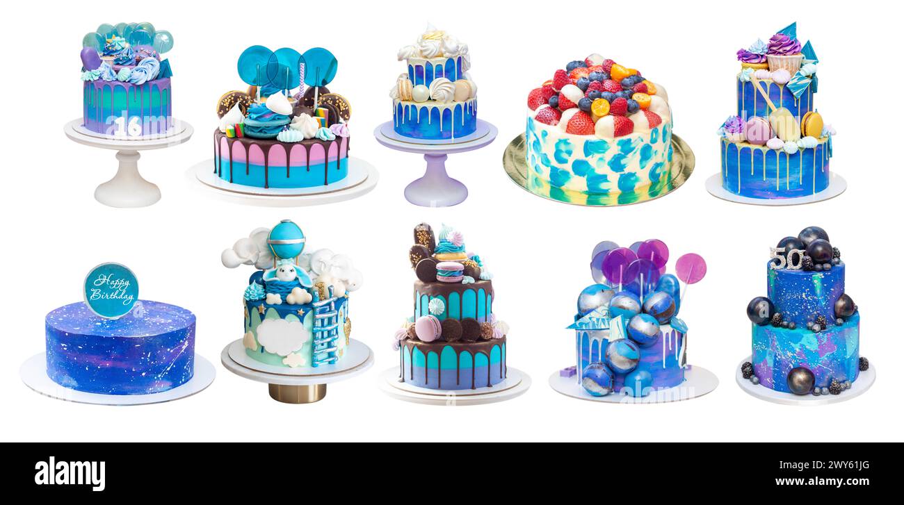 Close up Collection of different beautiful blue birthday cakes for ...