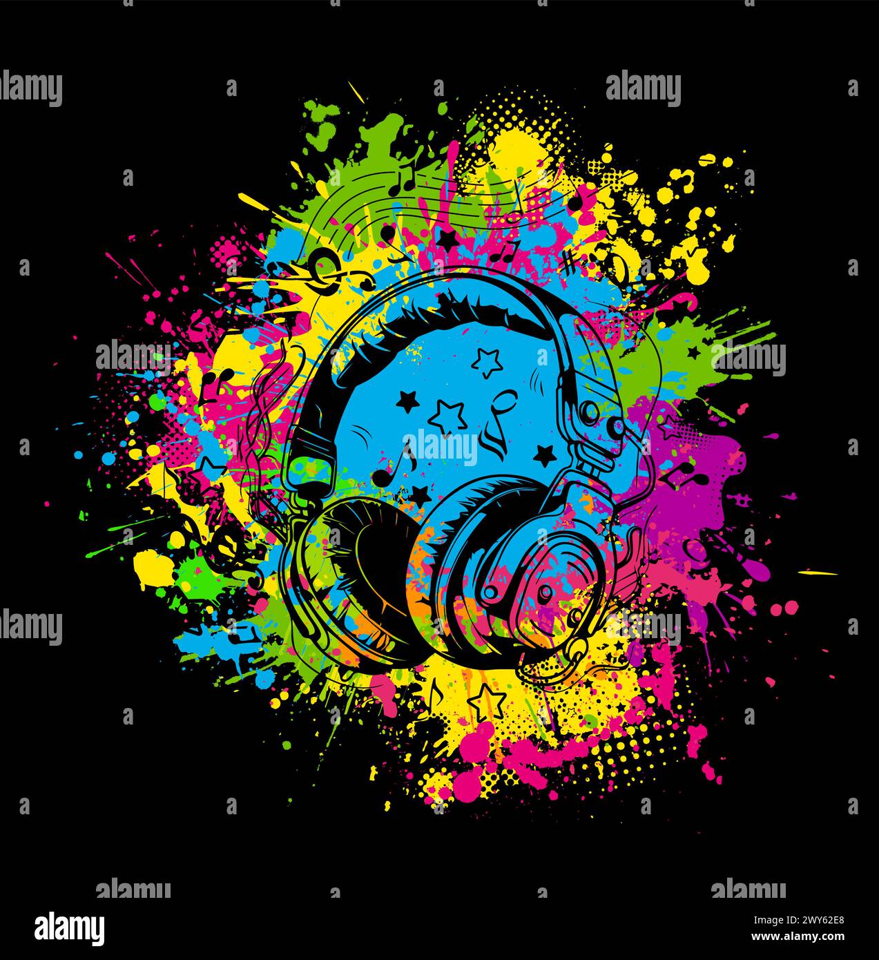 Music design. Abstraction colored music. Headphones and notes. T-shirt ...