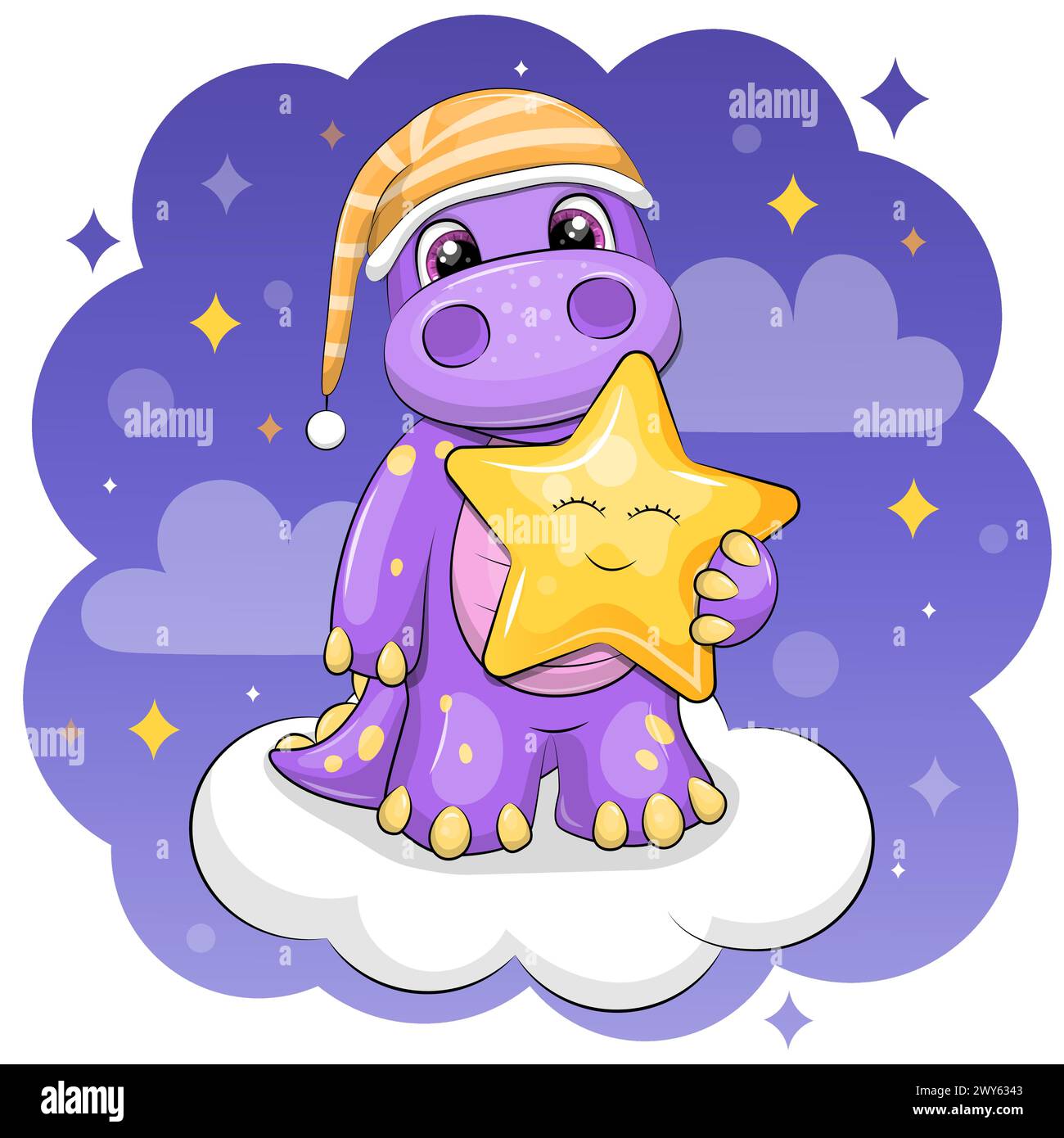 Cute cartoon dinosaur wearing a nightcap is holding a yellow star and ...