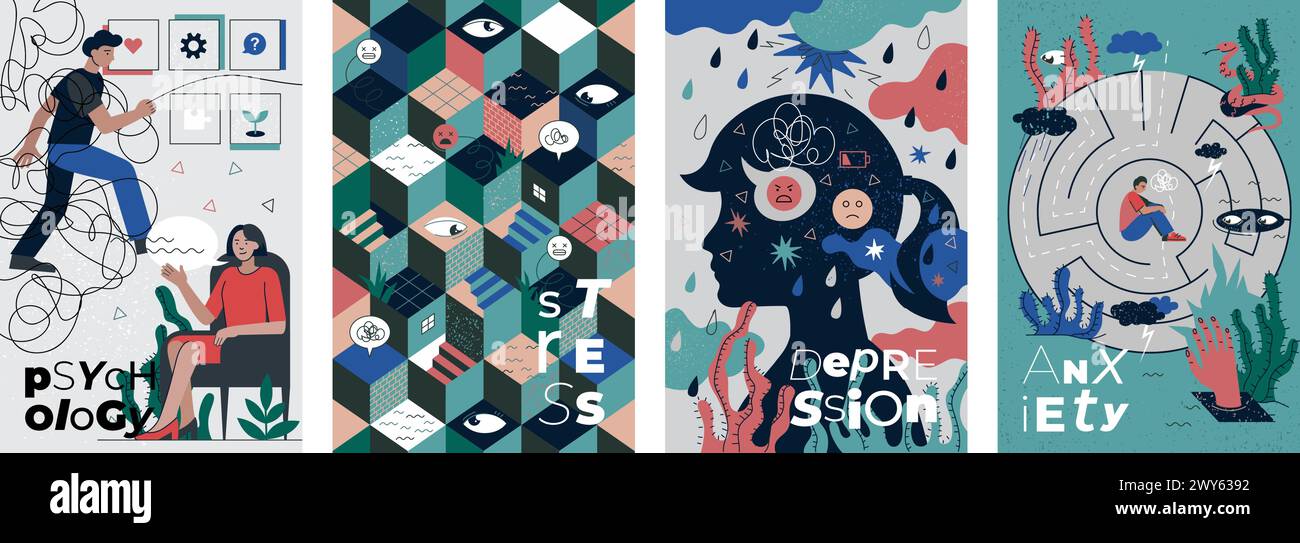 Psychology, stress, anxiety and depression abstract poster set ...