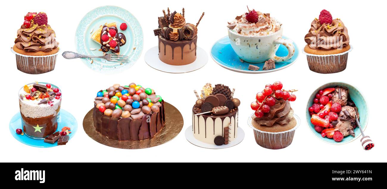 Chocolate desserts collage. Cakes, cupcakes, cookies, ice cream ...