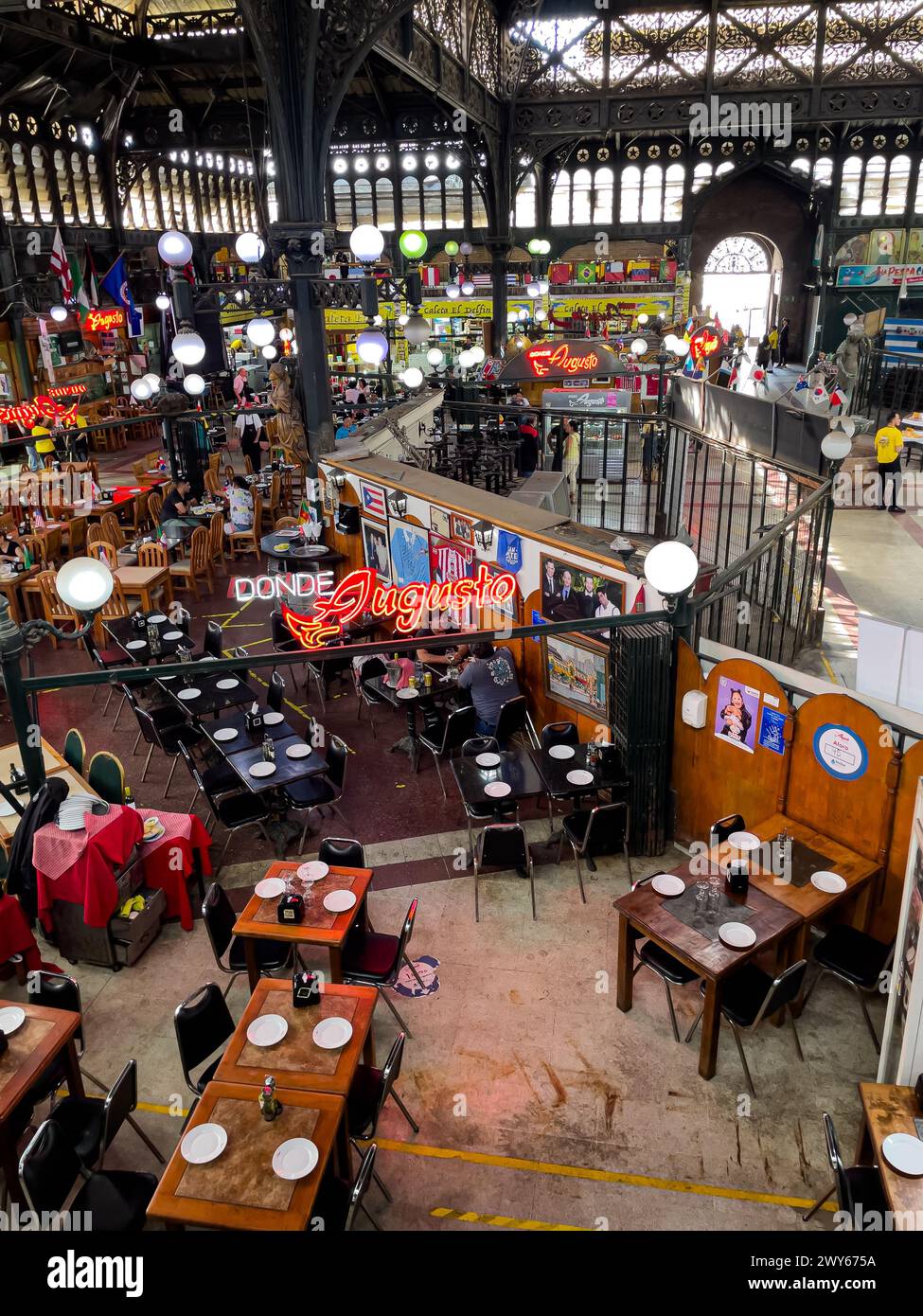 Inside view of the Santiago de Chile Central market, its statue the ...
