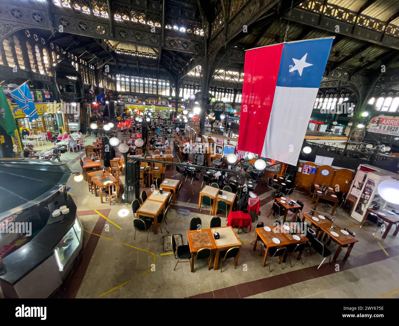 Inside view of the Santiago de Chile Central market, its statue the ...
