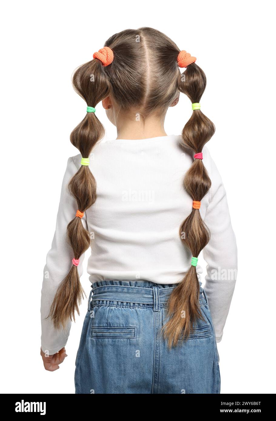 Little girl with beautiful hairstyle on white background, back view ...