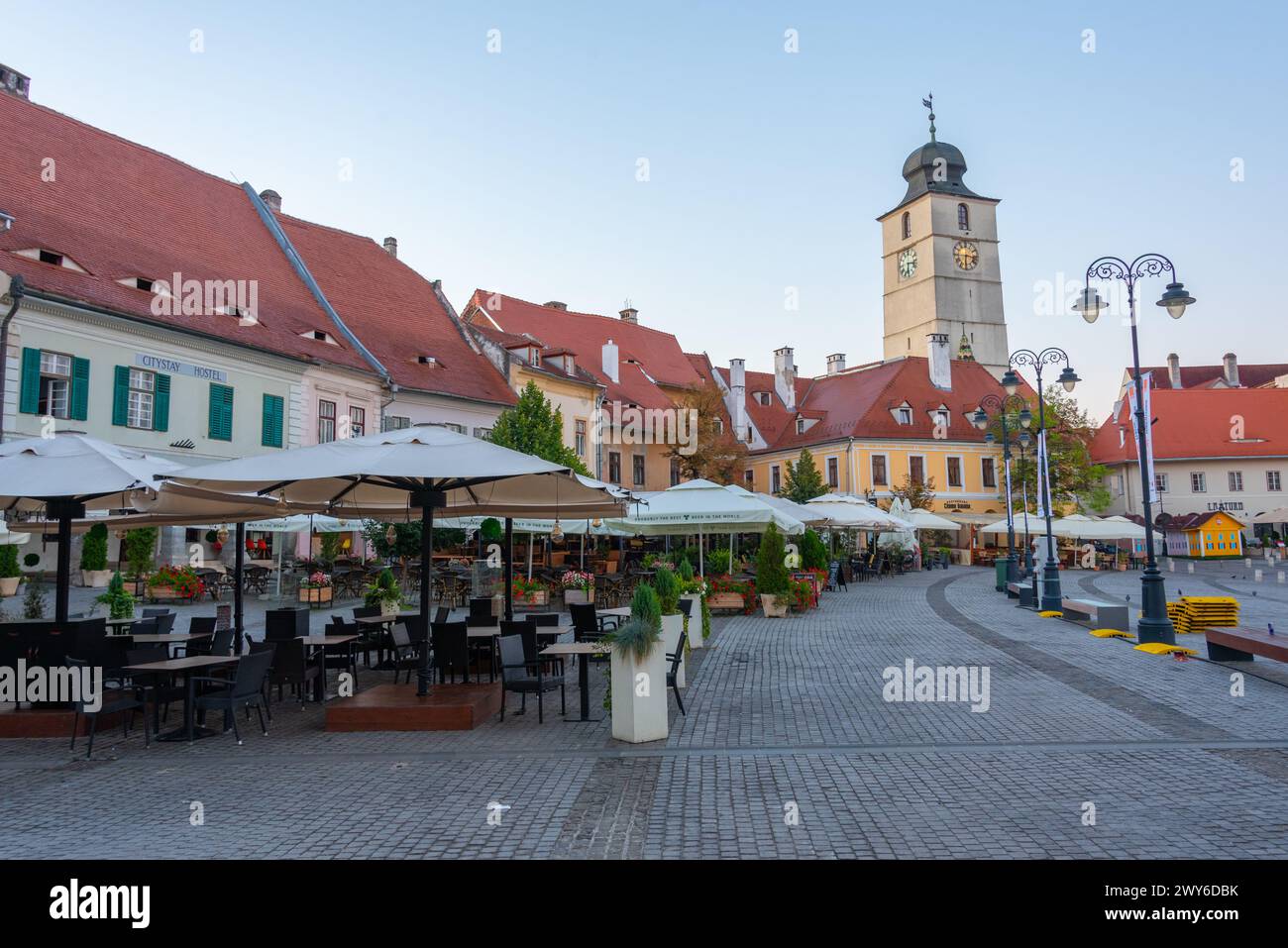 Sunset view of Piata Mica in Sibiu, Romania Stock Photo - Alamy