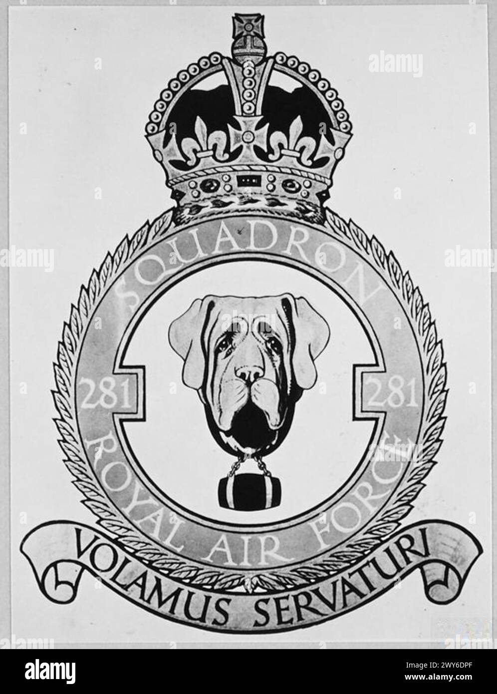 The No.281 Squadron badge features a St. Bernard dog's head with a ...