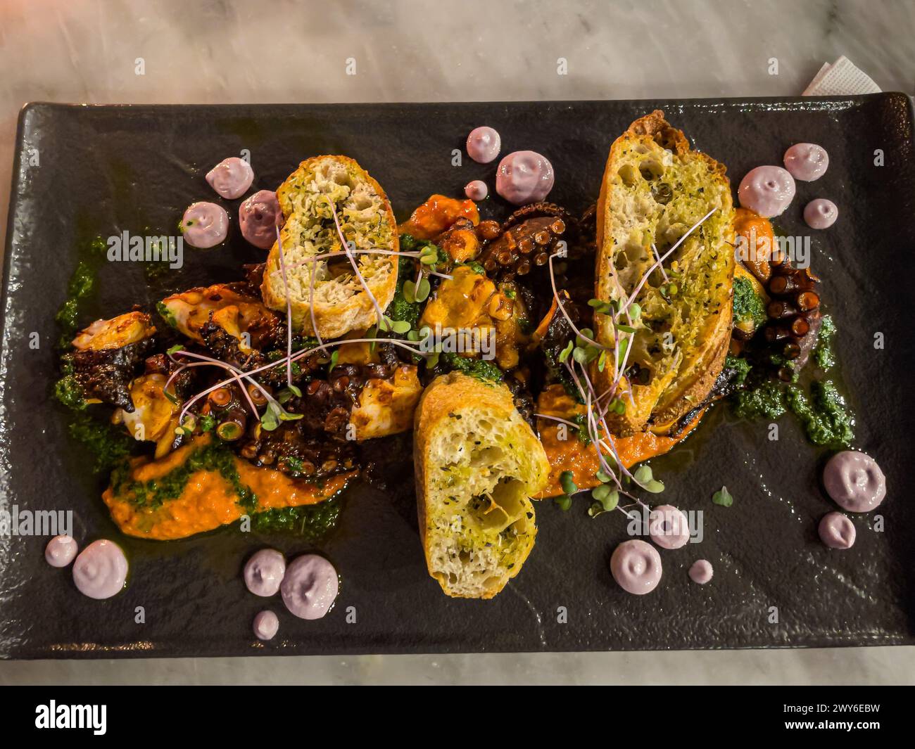 delicious gourmet seafood isolated plate of Paella, octopus plate un ...