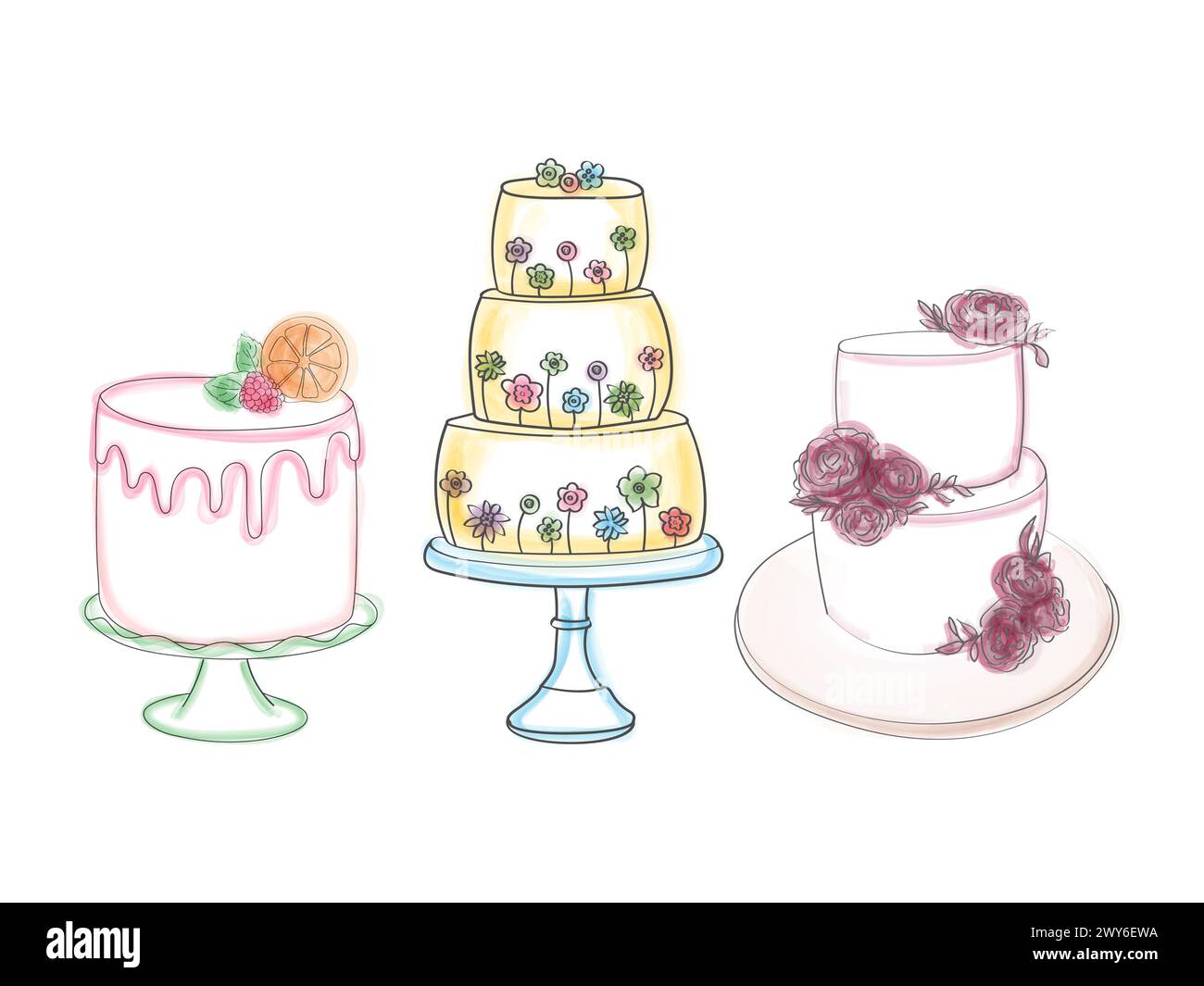 The drawing depicts three distinct types of cakes, showcasing the ...