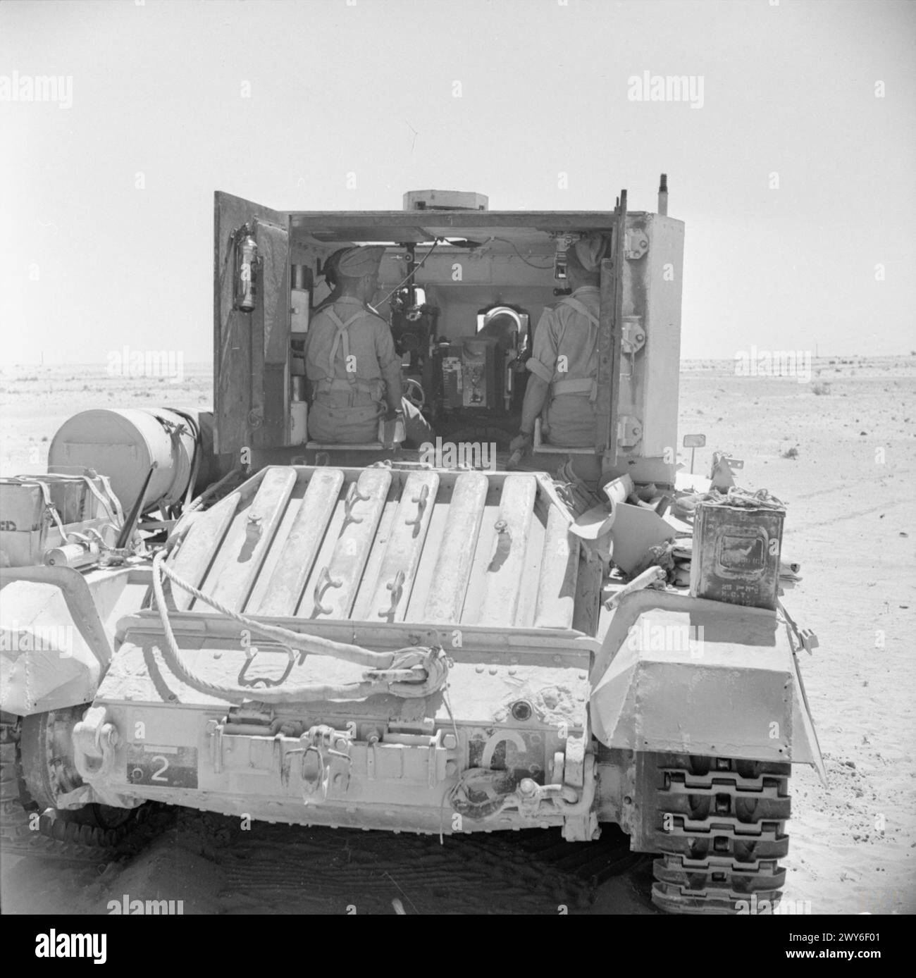 Rear view of a Bishop 25-pounder self-propelled gun with turret doors ...