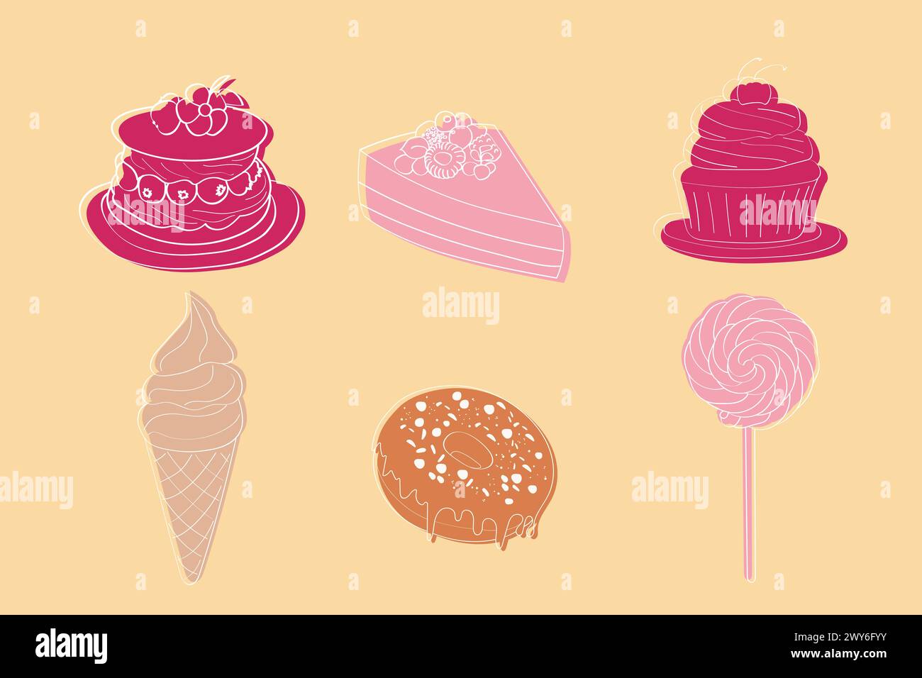 A variety of different types of desserts are arranged on a bright ...