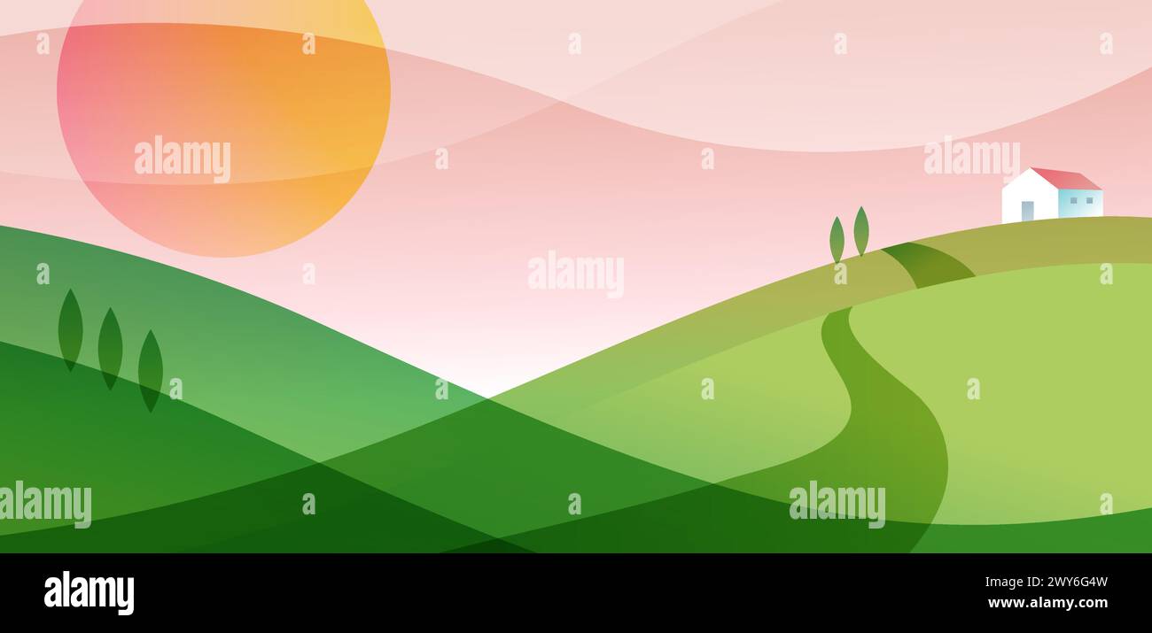 Beautiful abstract landscape, panoramic view illustration. Summer ...