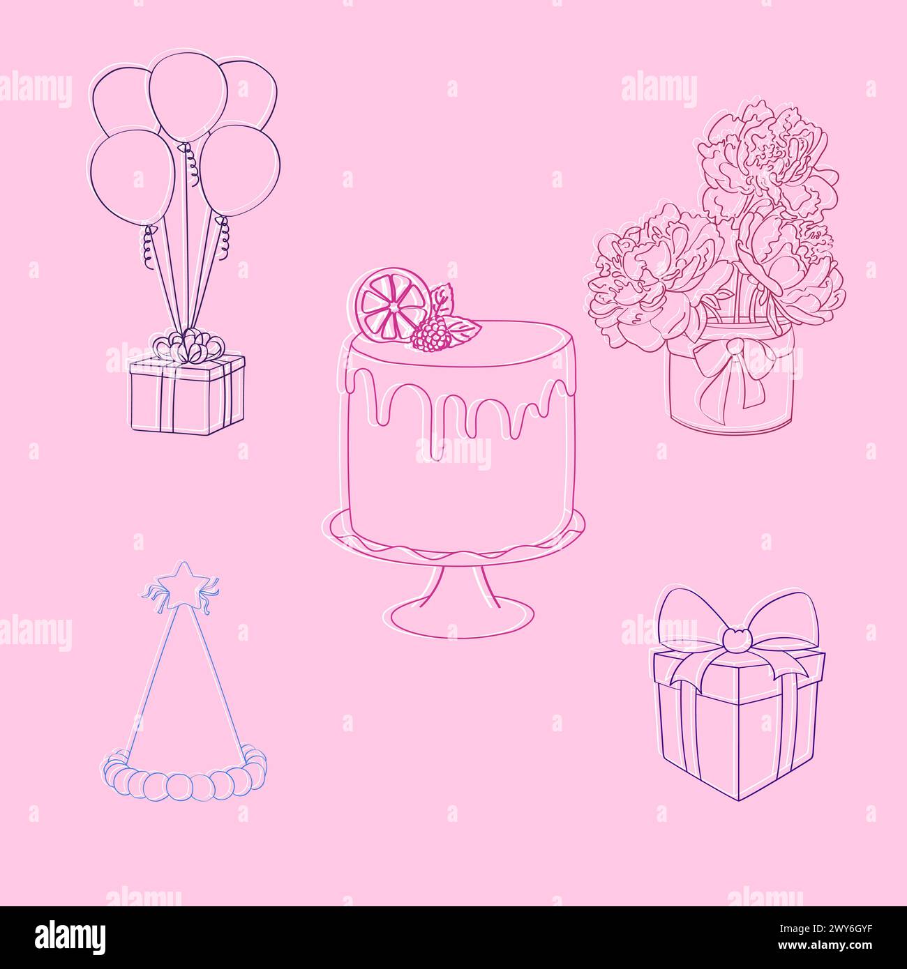 A hand-drawn illustration featuring a colorful birthday cake with ...