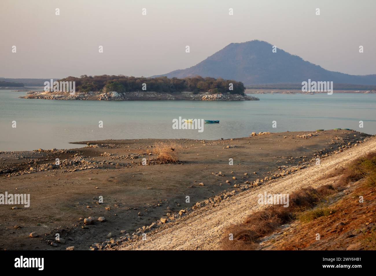 Low water storage at the Sathanur Dam which forms the Sathanur ...