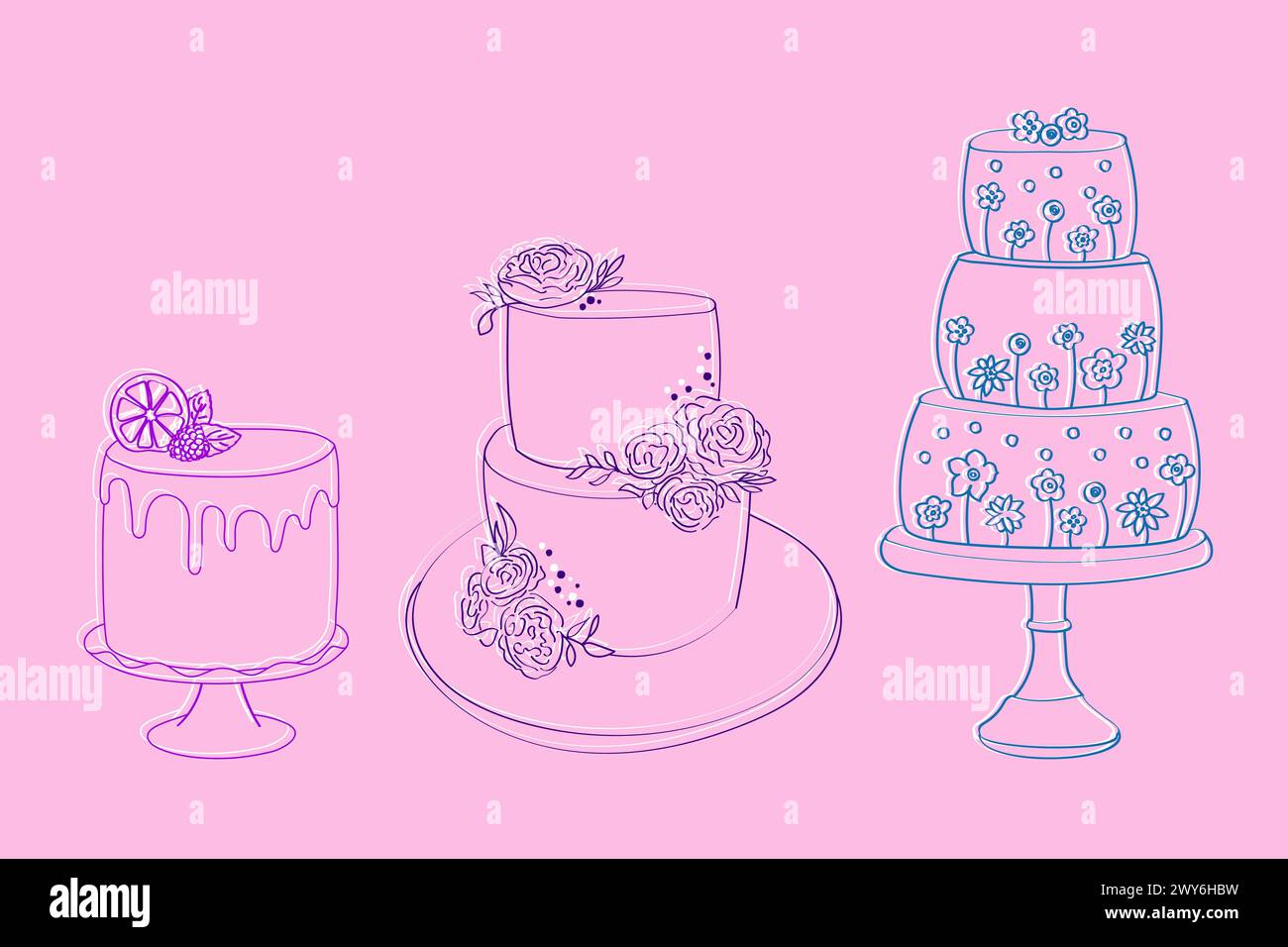 Three cakes are illustrated on a bright pink background. Each cake has ...