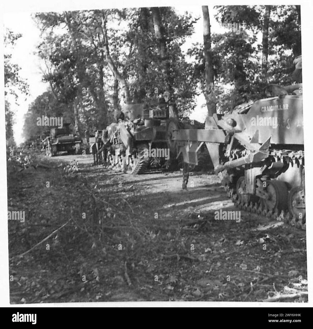 Sherman tanks, Flail tanks, and other vehicles, accompanied by infantry ...
