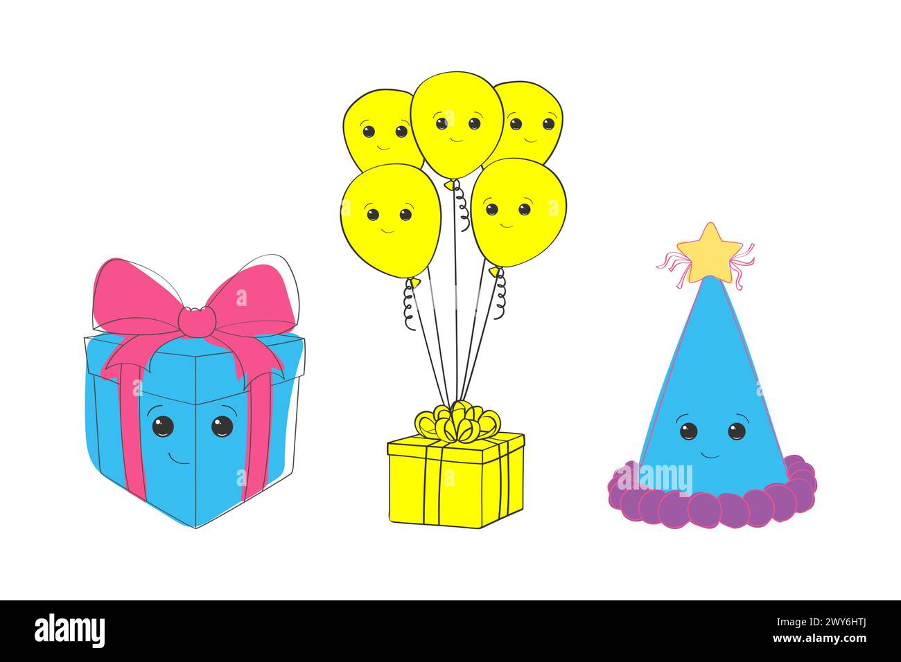 A festive birthday card featuring colorful emoticon balloons, a wrapped ...