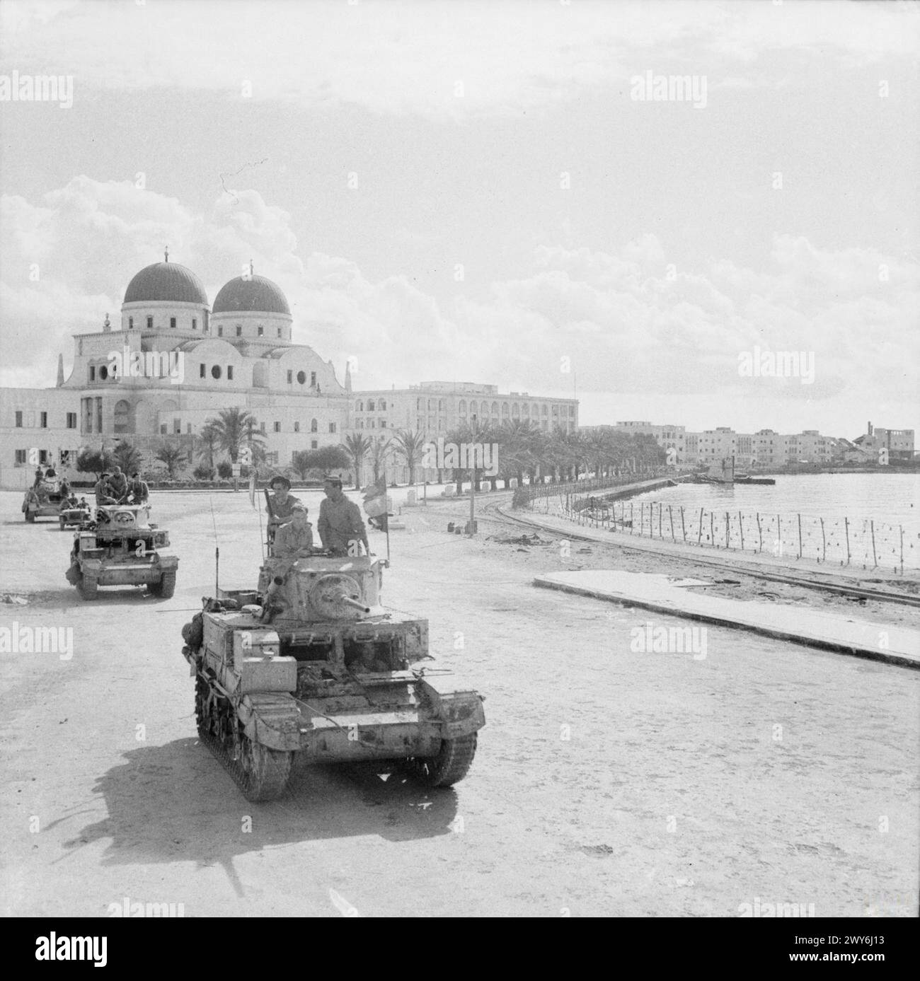 Stuart tanks of the British Army move along the waterfront in Benghazi ...