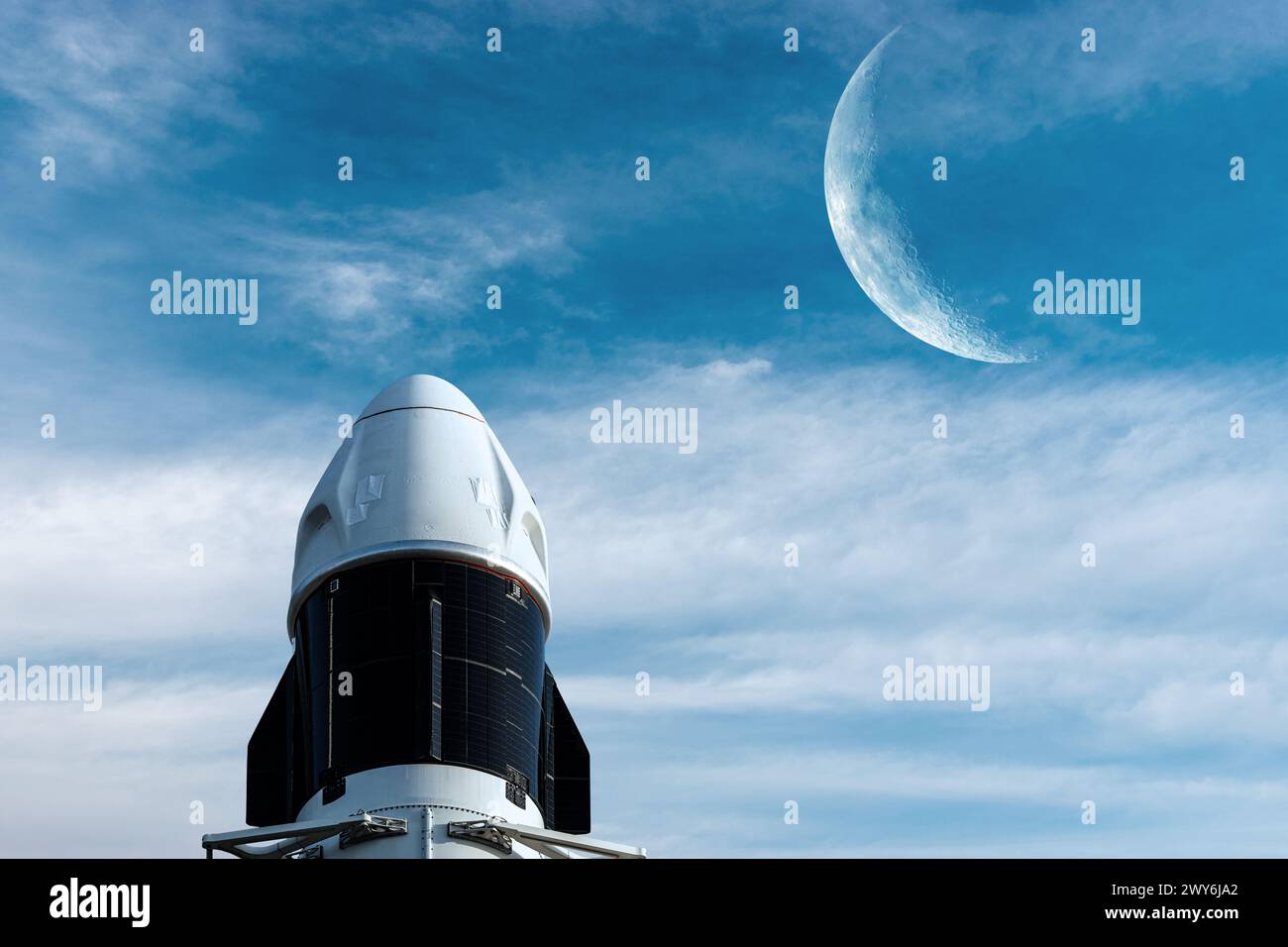 Cargo spacecraft launch on sky background with Moon. Elements of this ...
