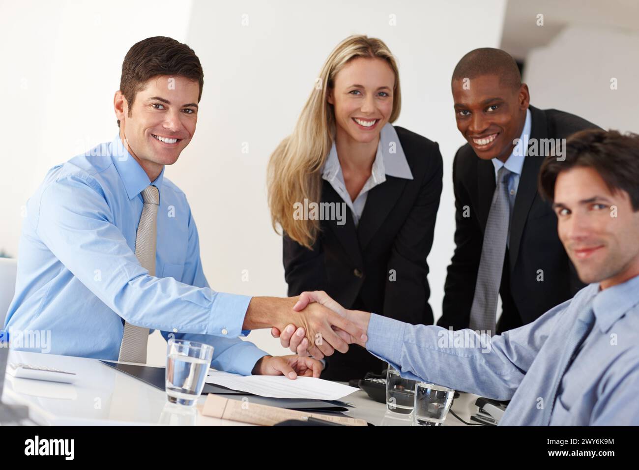 Business people, portrait and handshake for hiring or thank you in ...