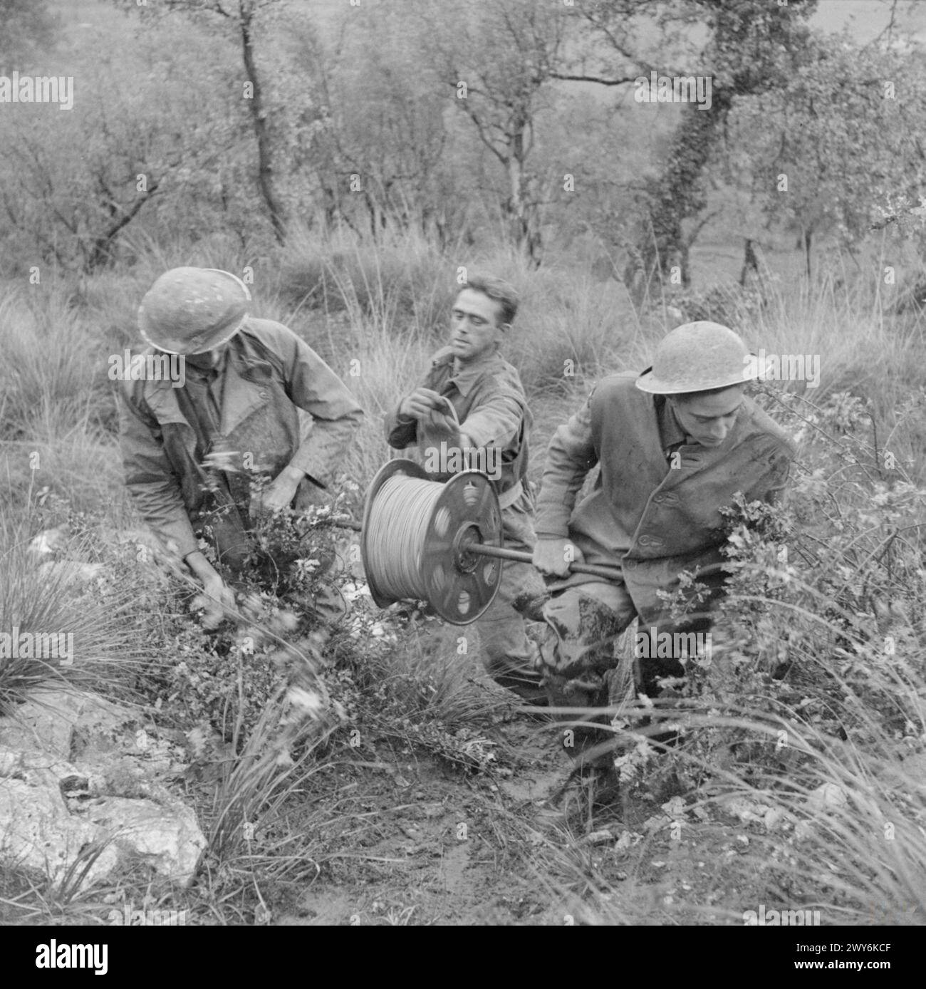 Men of the Royal Signals lay telephone wire on the slopes of Mt Camino ...