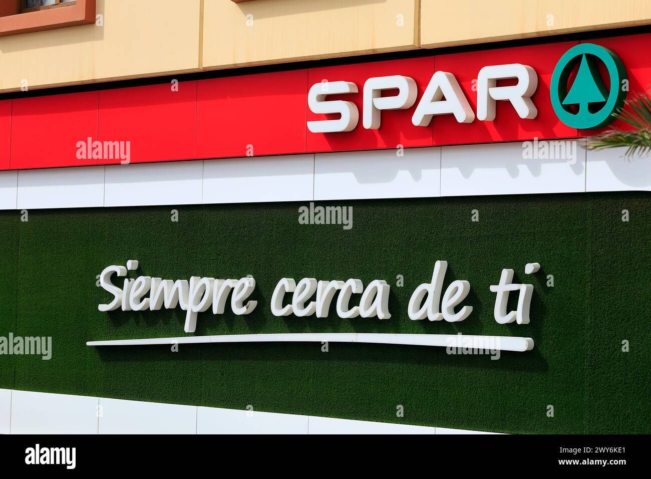 Signage at Spar supermarket, El Cotillo, Fuerteventura, Canary Islands ...
