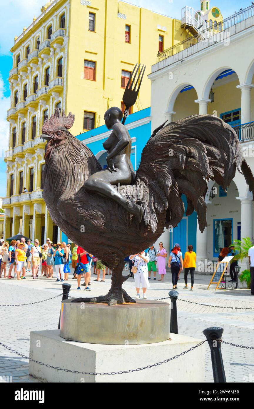 Havana, Cuba - March 8, 2024 : Statue of a giant rooster and a woman on ...