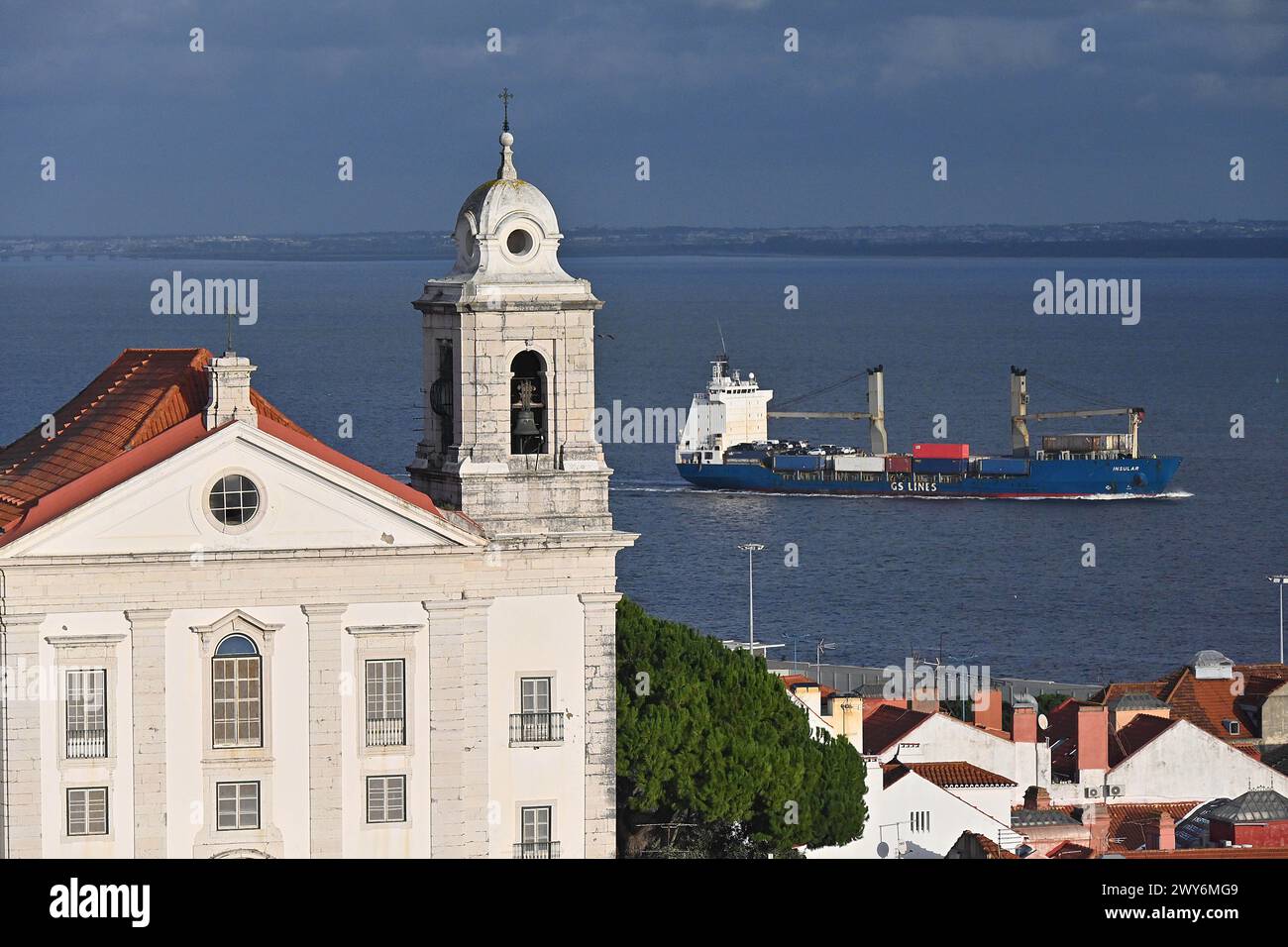 Portugal, Lisbon: cargo boat on the Tagus river. The GS Lines ...