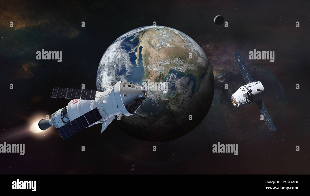 Orion spacecraft with satellite near to the Earth. Artemis space ...