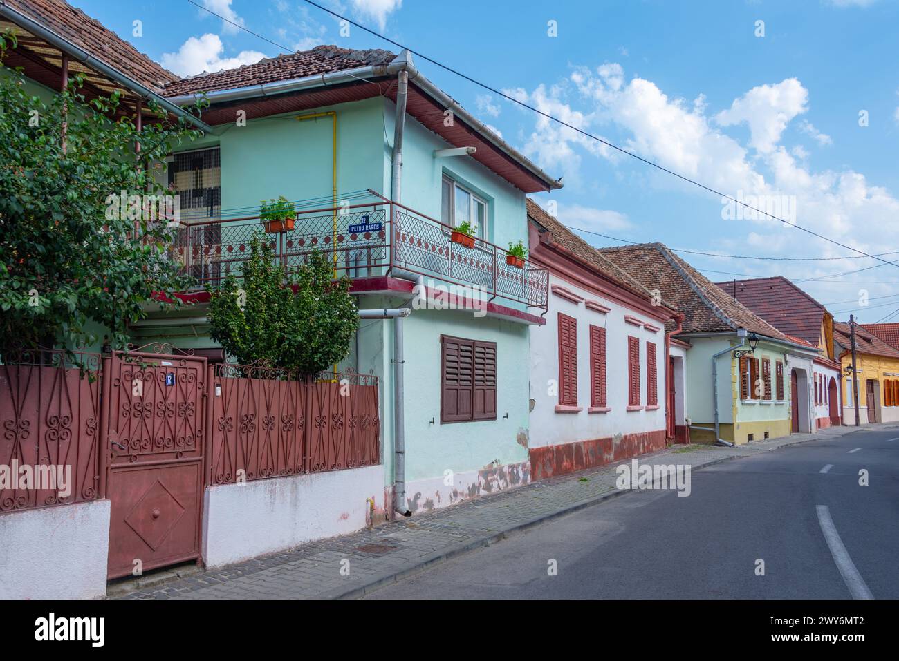 Colourful houses in Romanian town Medias Stock Photo - Alamy