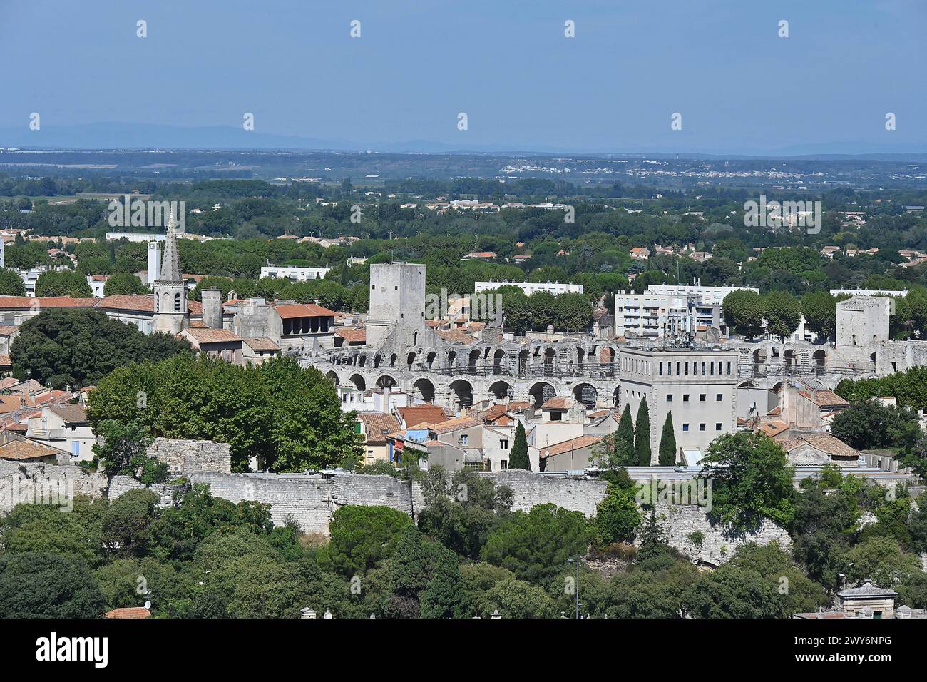 Arles (south-eastern France): overview of the city in summer. The Arles ...