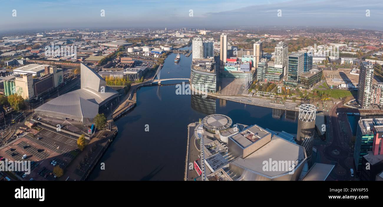 Panoramic drone photograph of Salford Quays, MediaCityUK, Imperial War ...