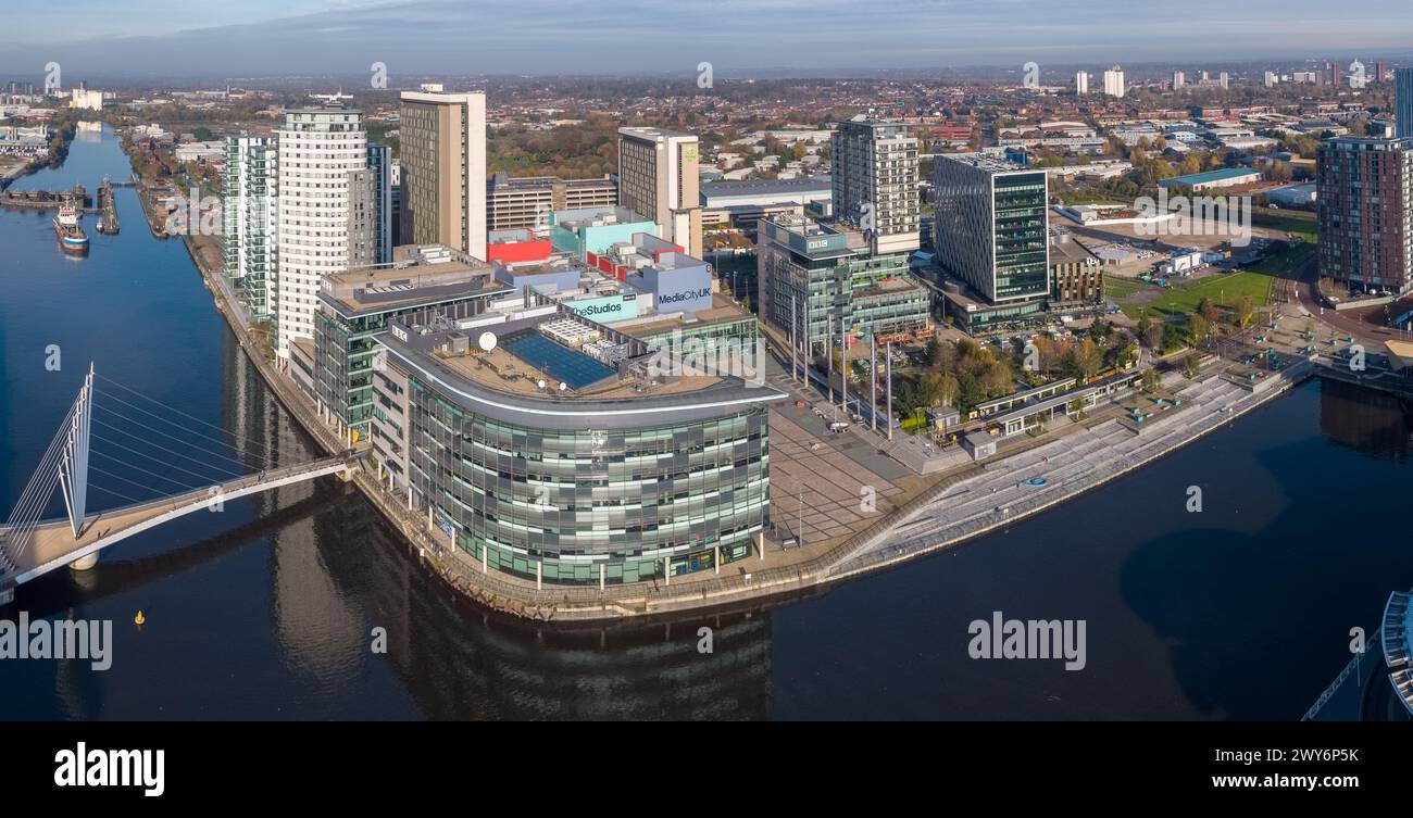 Panoramic aerial photograph of MediaCityUK, Salford Quays, UK including ... Panoramic aerial photograph of MediaCityUK, Salford Quays, UK including ...