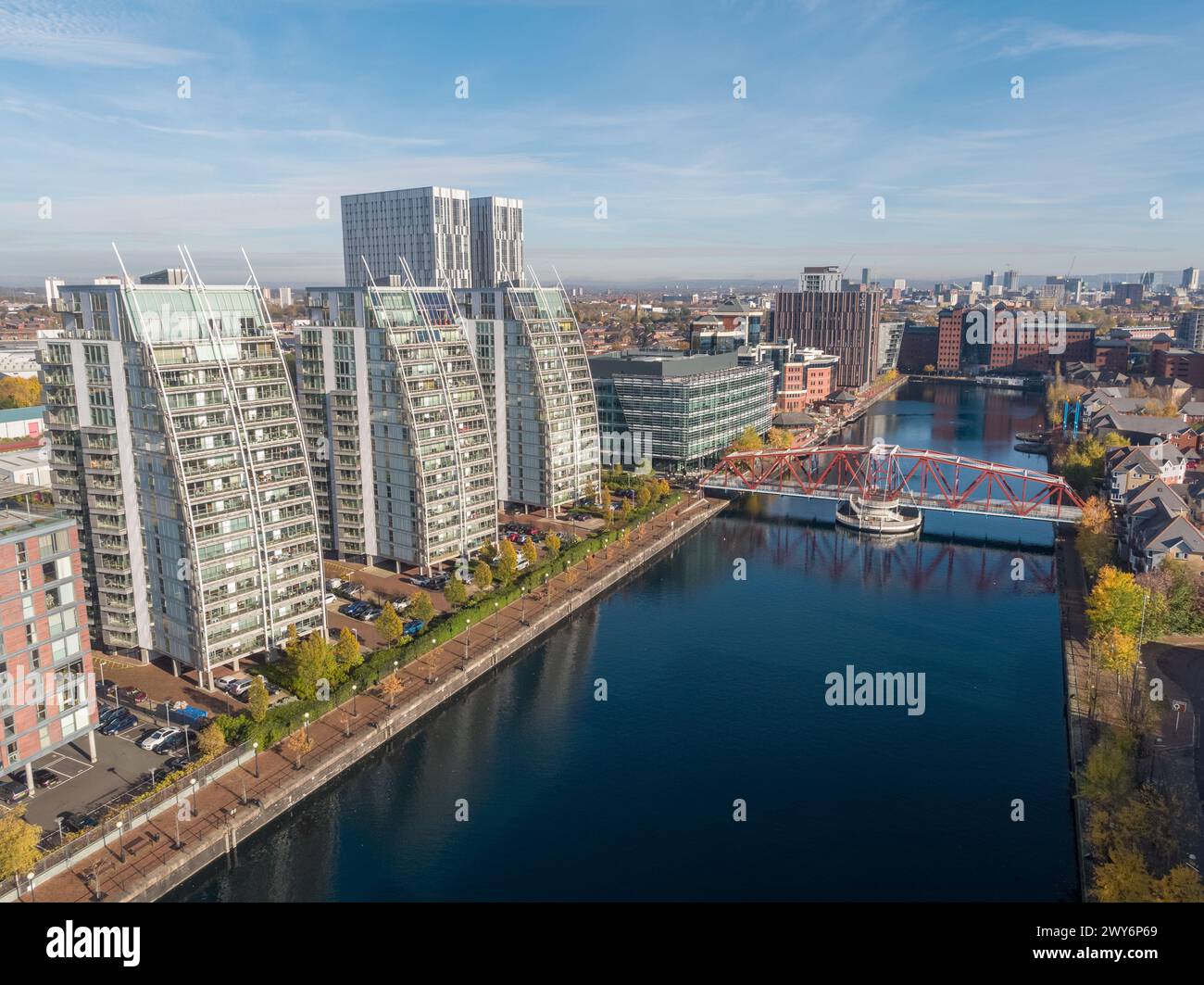 Drone photography of Eerie & Huron Basin in Salford Quays looking down ...