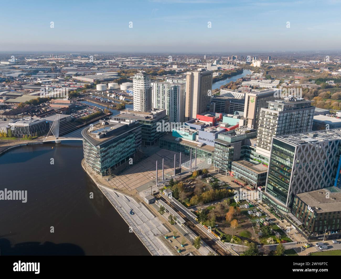 Drone photo at MediaCityUK, Salford Quays including the BBC Studios ...