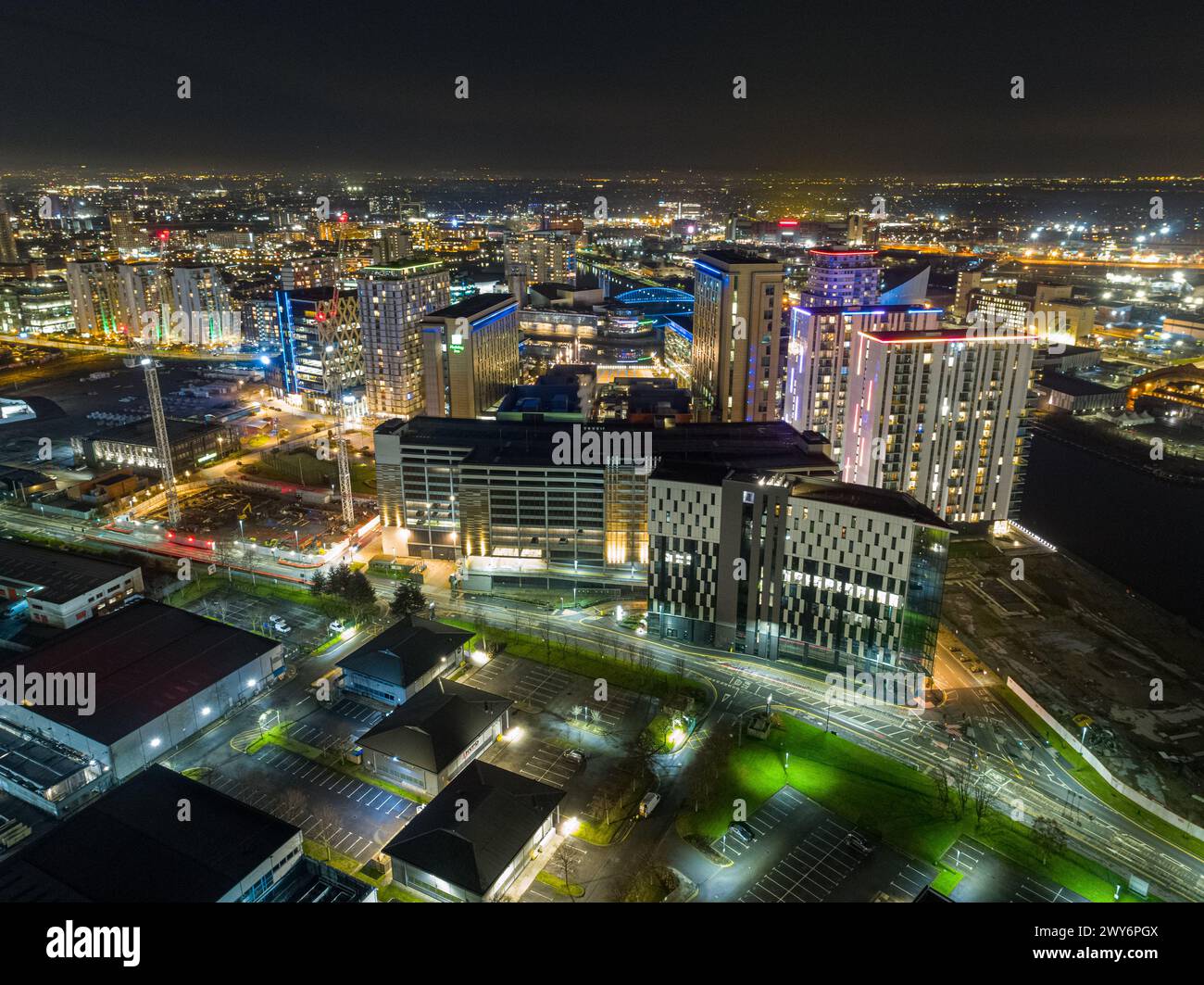 Night time drone photography looking at MediaCityUK and Salford Quays ...