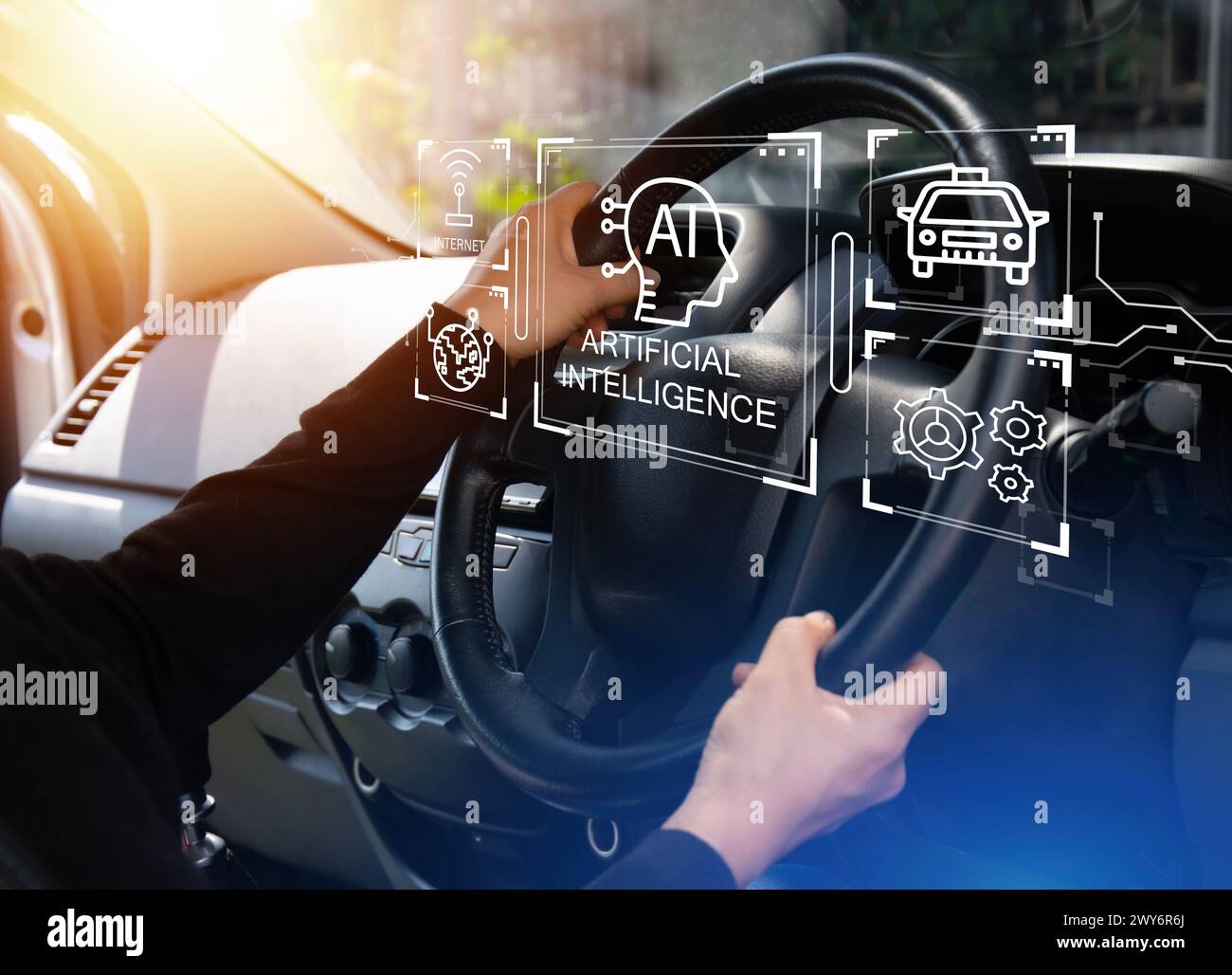 Conceptual Woman Wearing A Long Sleeved Black Shirt Driving A Car That Uses The Artificial