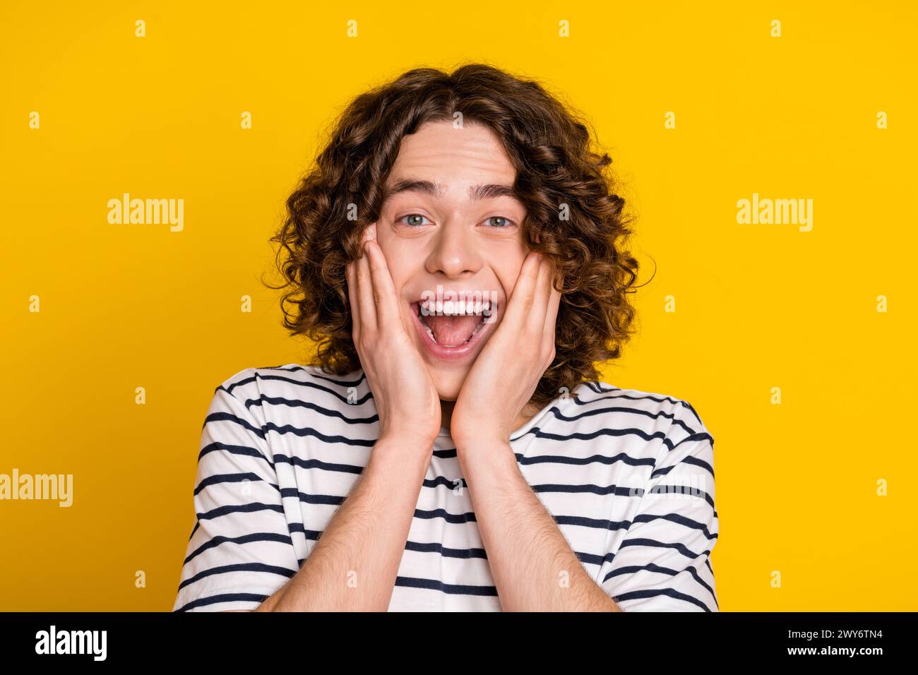 Close up photo of youngster funky high school student wavy hair guy ...