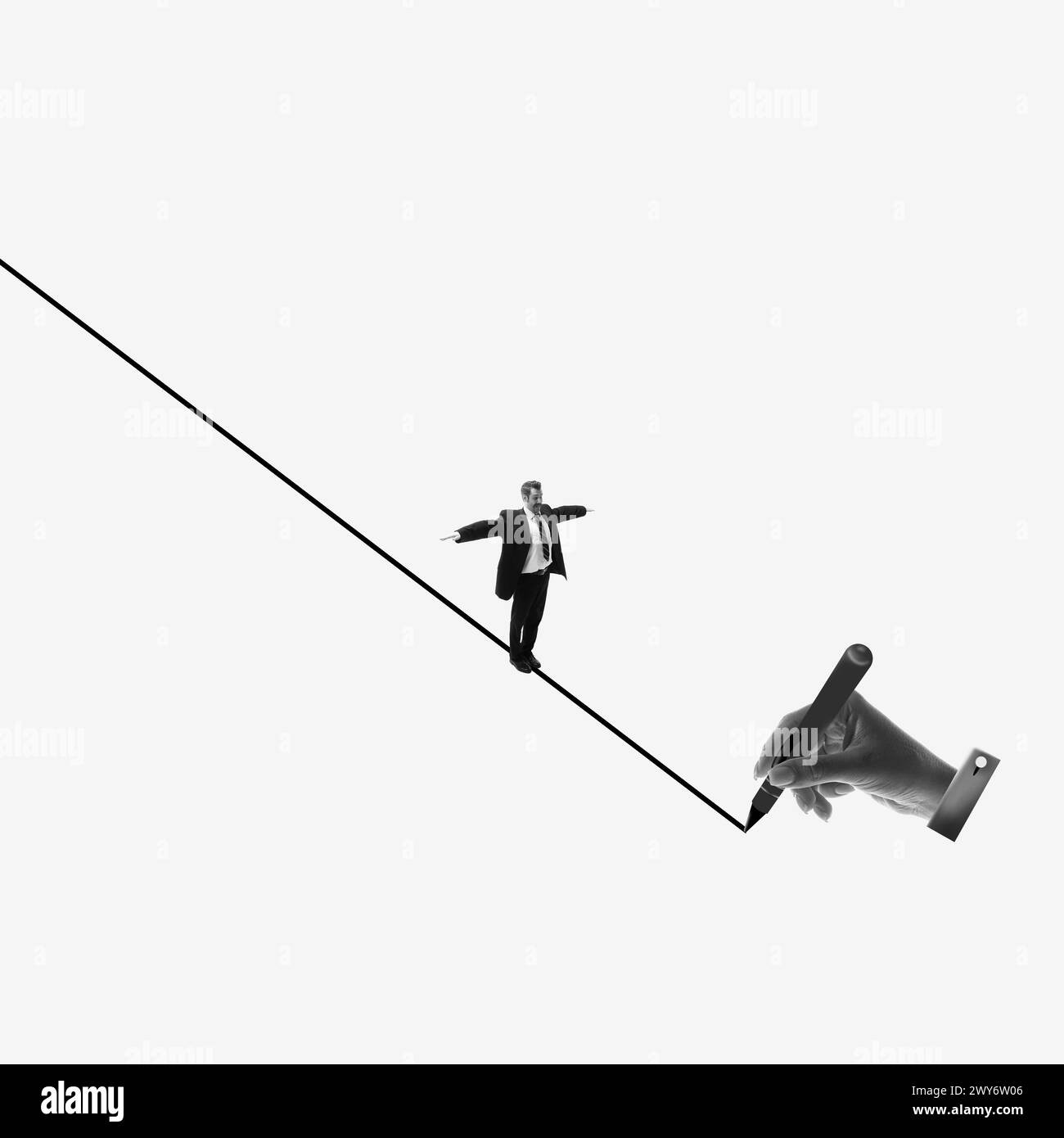 Businessman balancing on line being drawn by human hand. Overcoming ...