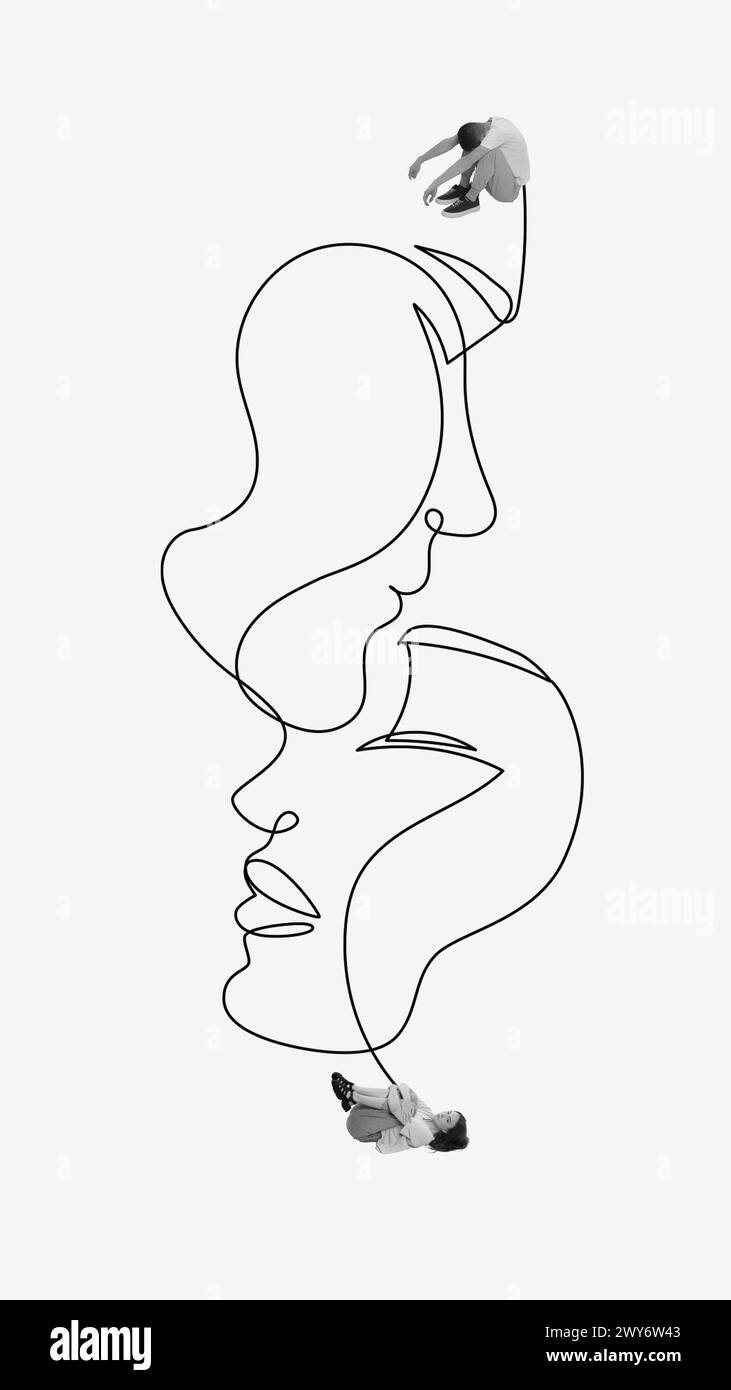 Two people, man and woman intertwined with line drawing of a profile ...