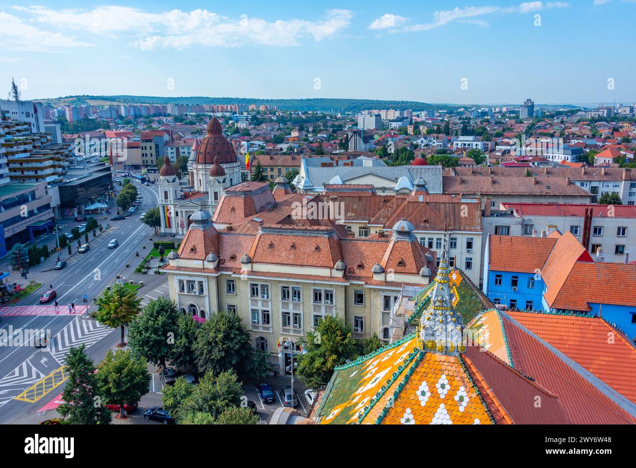 Aerial view of the annunciation cathedral in Romanian town Targu mures ...