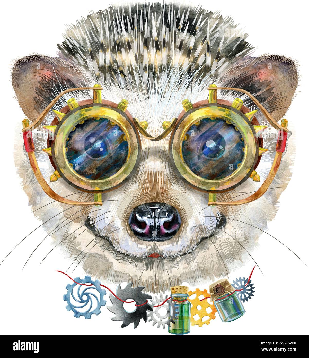 Watercolor drawing of the animal - hedgehog with goggles., sketch Stock ...