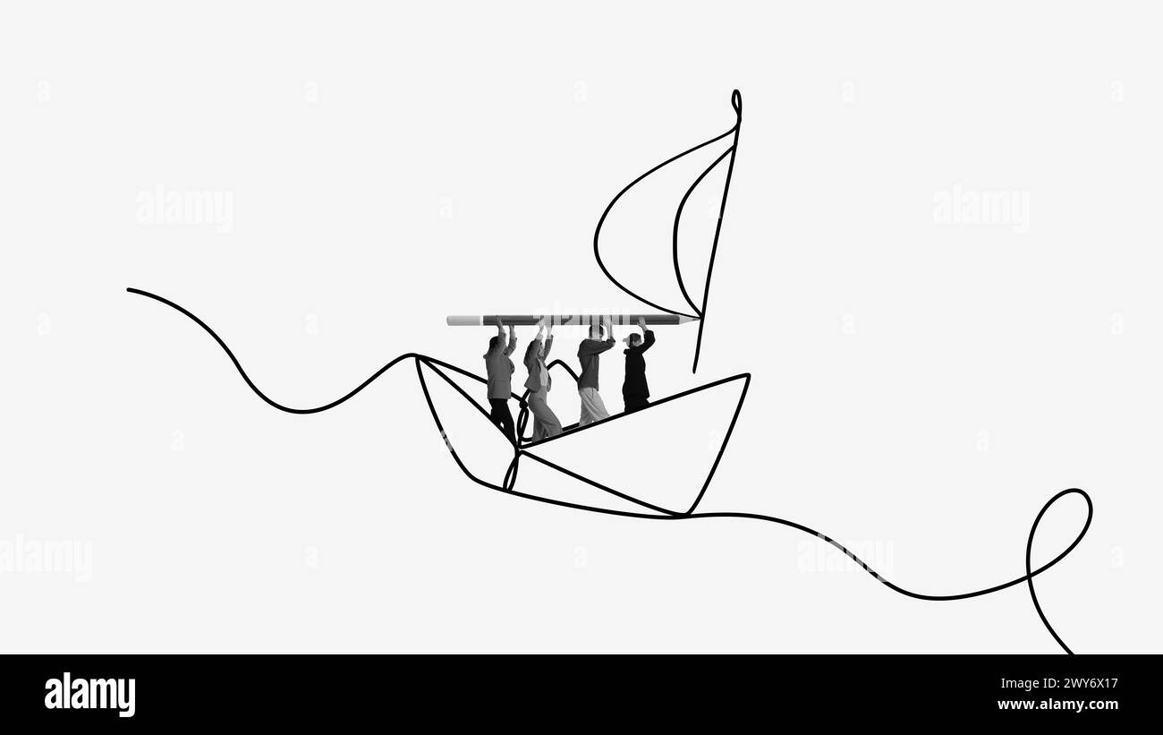 Employees standing on boat together and drawing sail symbolizing ...