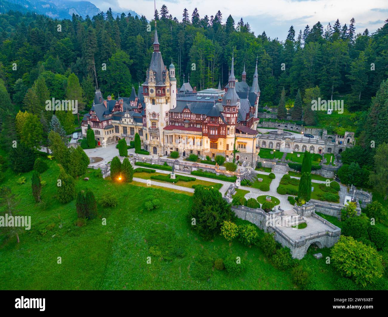 Sunrise view of Peles castle in Romania Stock Photo - Alamy
