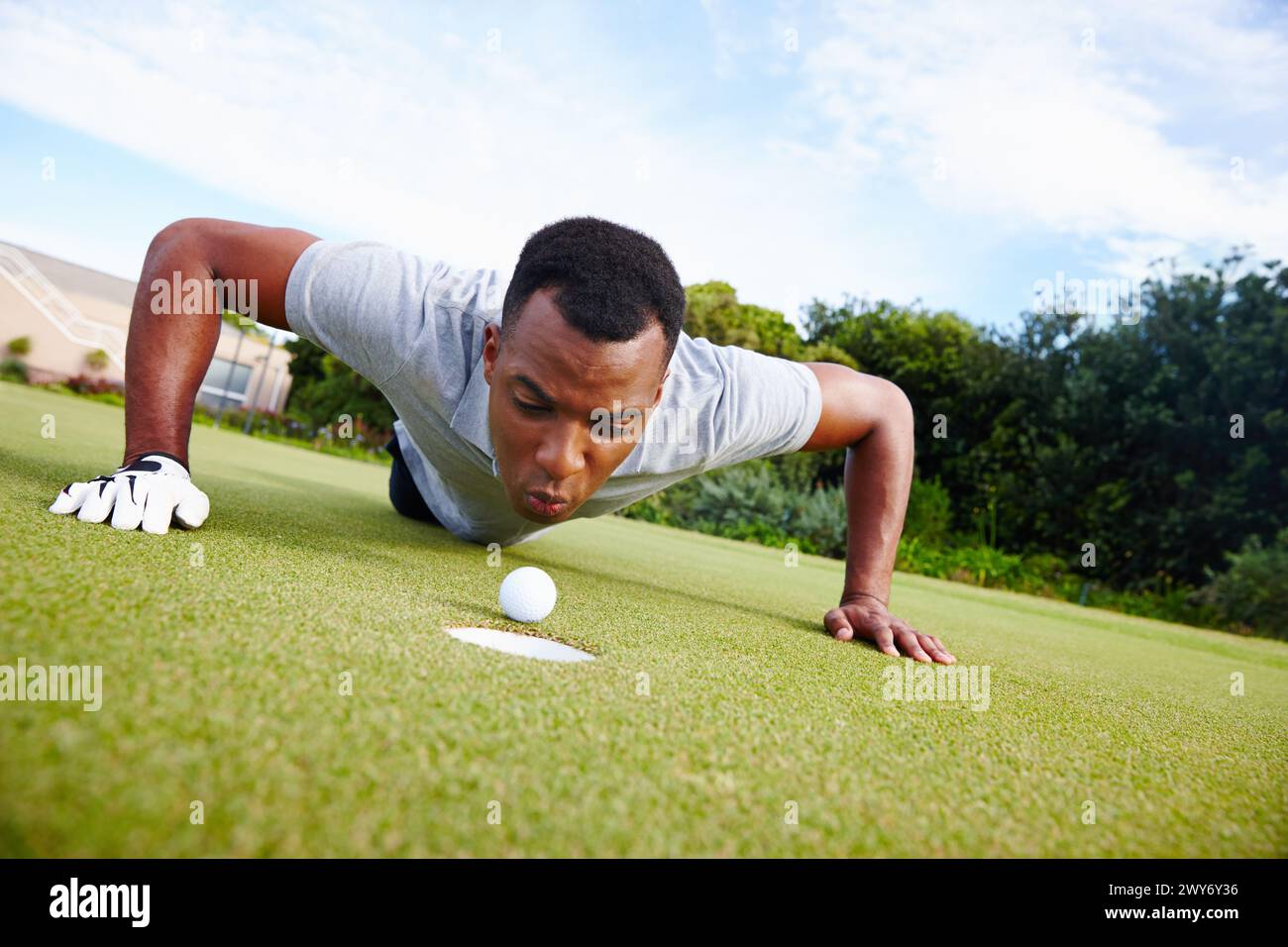 Black man, golf ball and cheating on golf course for competition with ...
