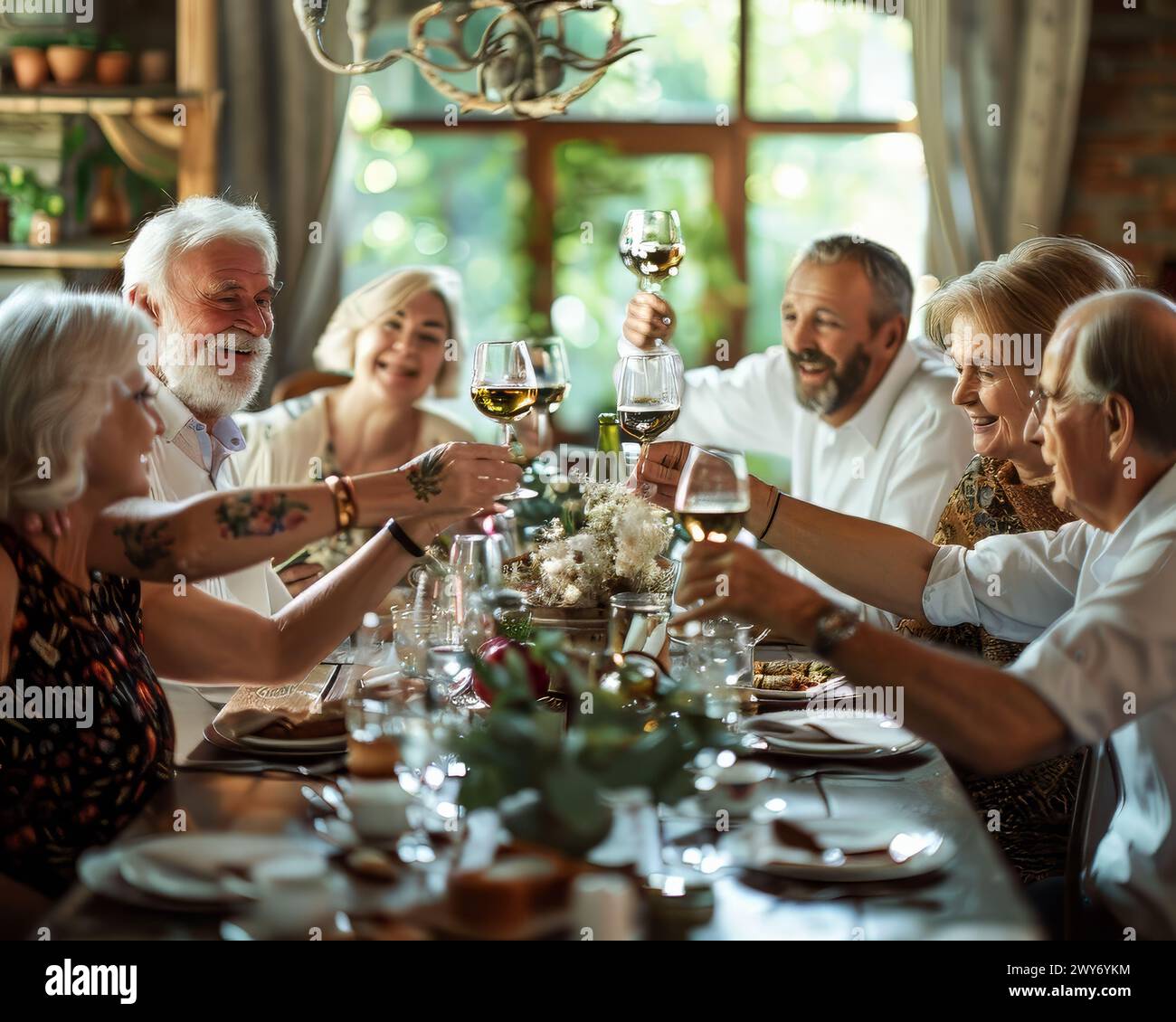 A group of people are gathered around a table, enjoying a meal and ...