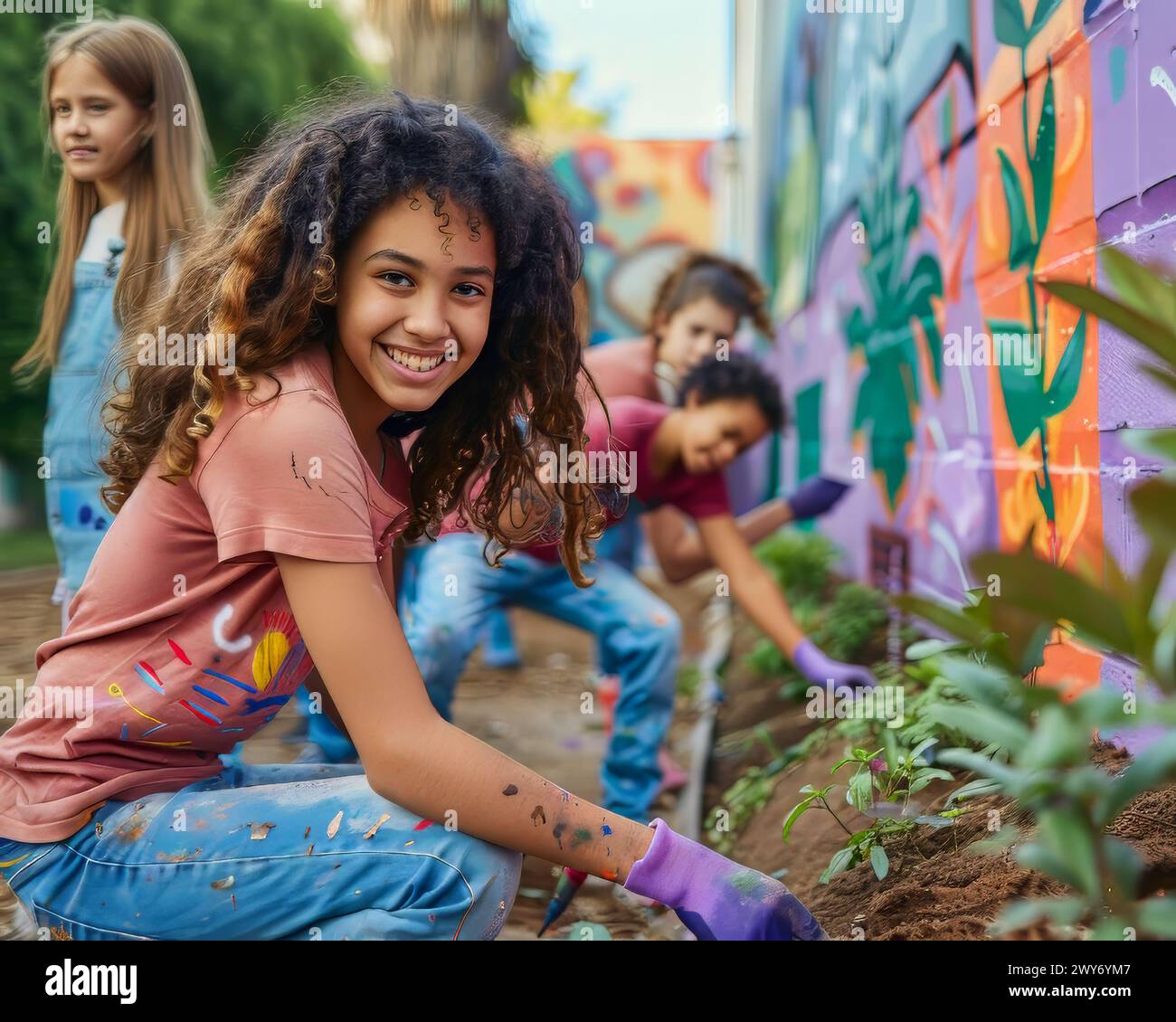 A group of children are planting flowers in a garden. One girl is ...