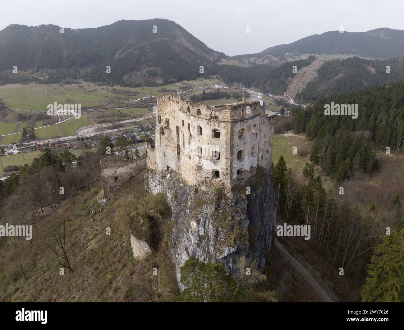 Aerial view of Likava Castle in the village of Likavka in Slovakia ...