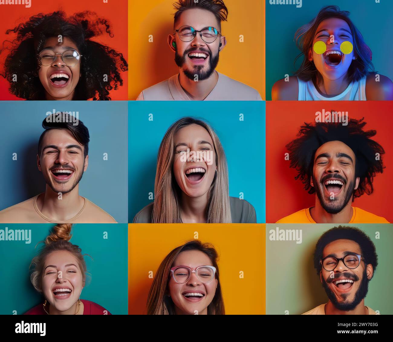 A group of people are smiling and laughing in a colorful background ...