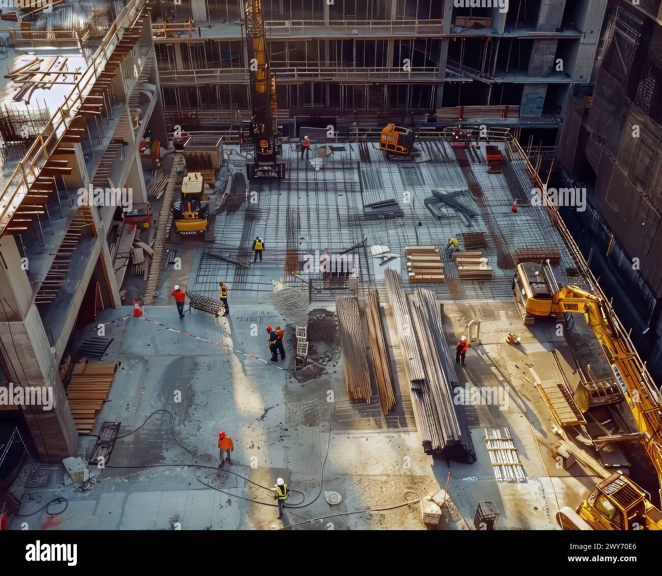A construction site with workers in orange vests and a crane. Scene is ...